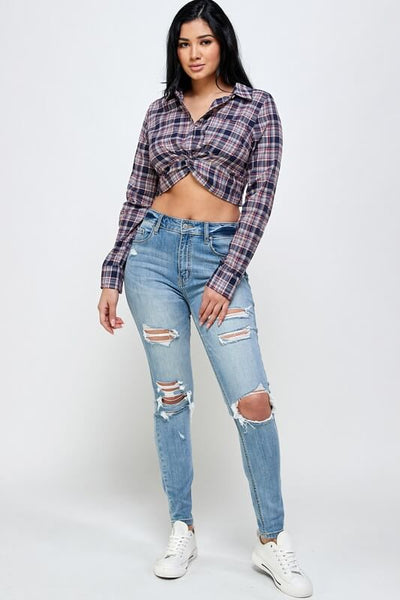 Lexi Cropped Long Sleeve Plaid Shirt – REBELLA